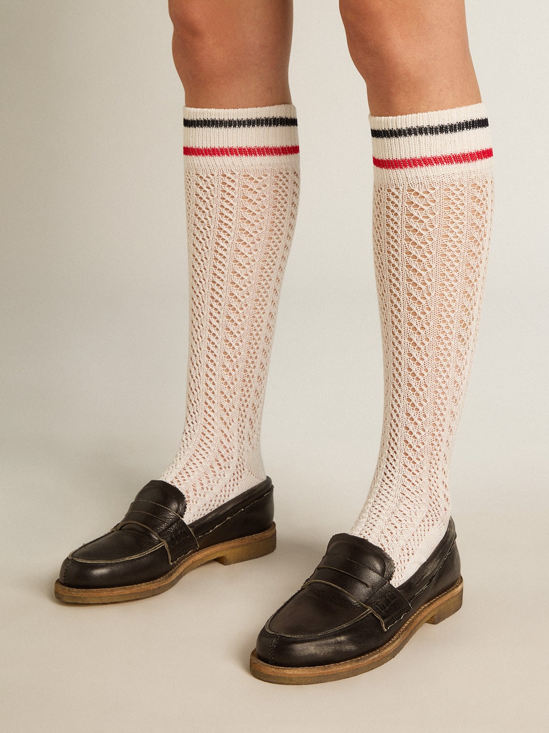 Long ribbed socks in vintage white with two-tone stripes | Golden Goose