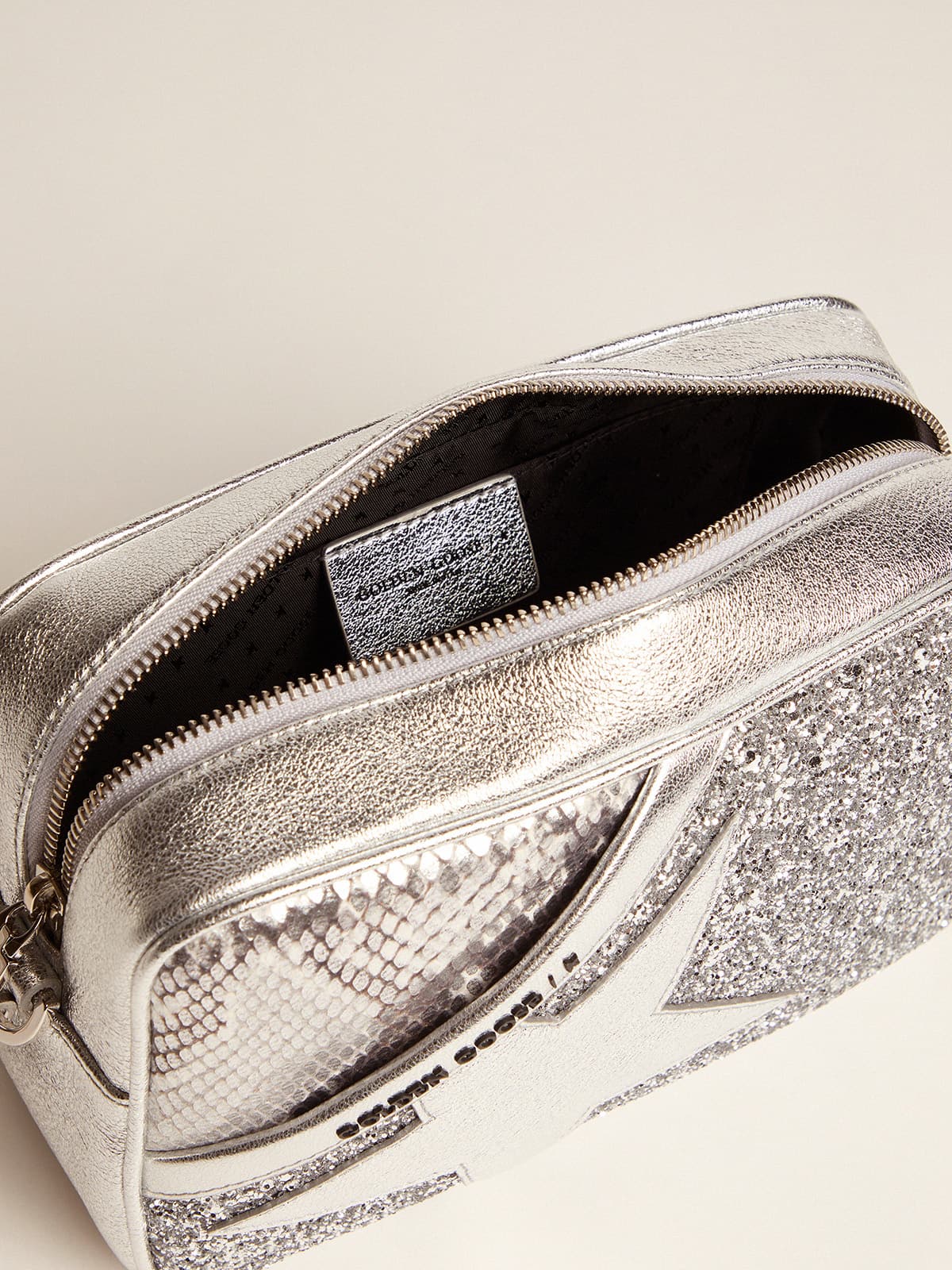 Star Bag made of silver snake-print leather and glitter | Golden Goose