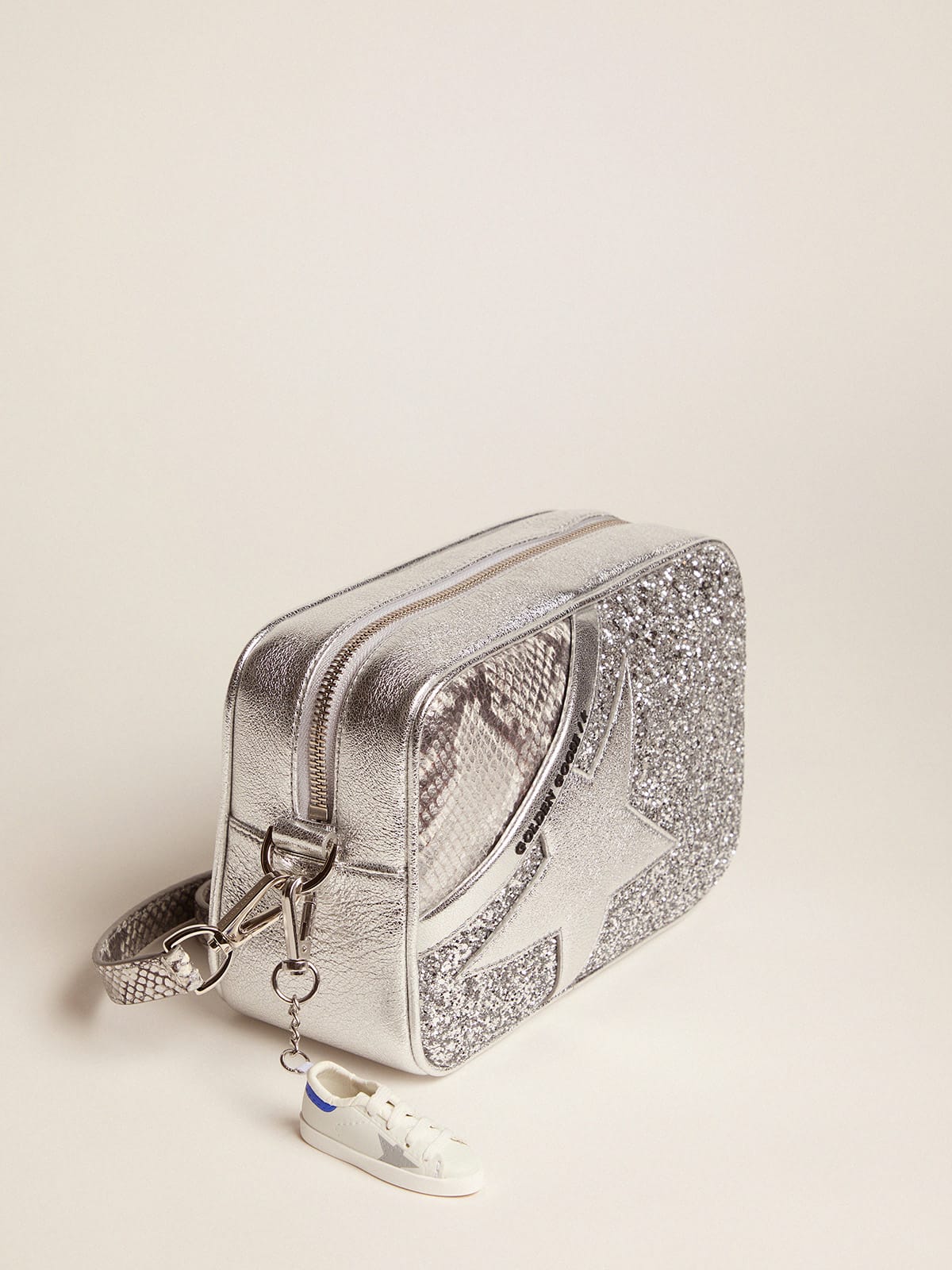 Star Bag made of silver snake-print leather and glitter | Golden Goose