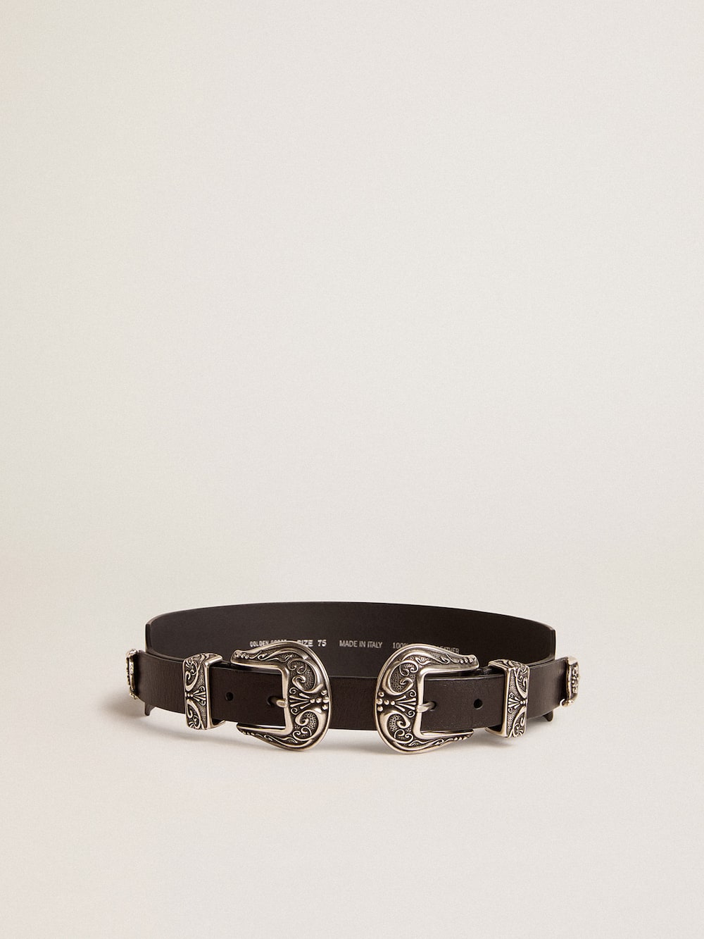 Black belt in washed leather with silver-colored double buckle | Golden ...
