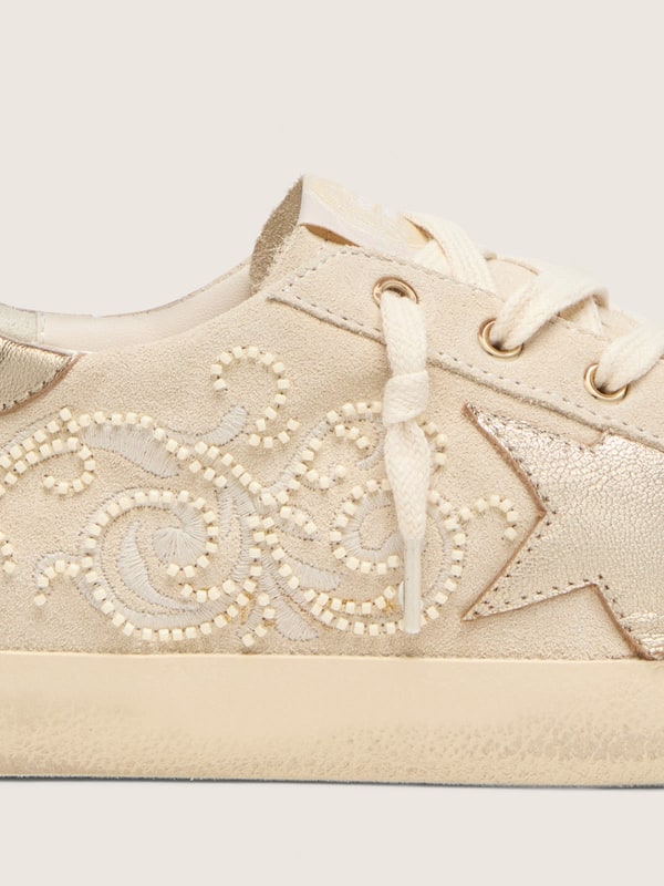 Women's Super-Star LTD in pearl suede with gold star and bead embroidery