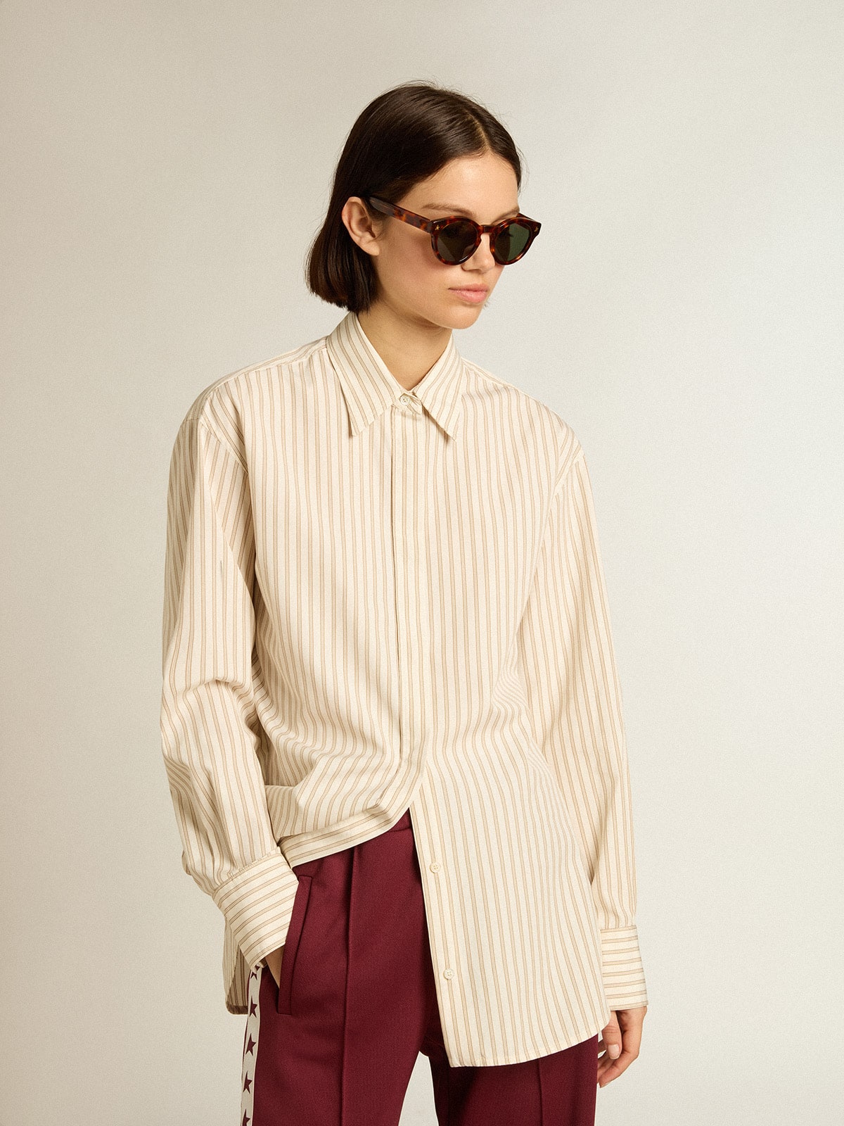 Women’s white cotton shirt with beige stripes | Golden Goose