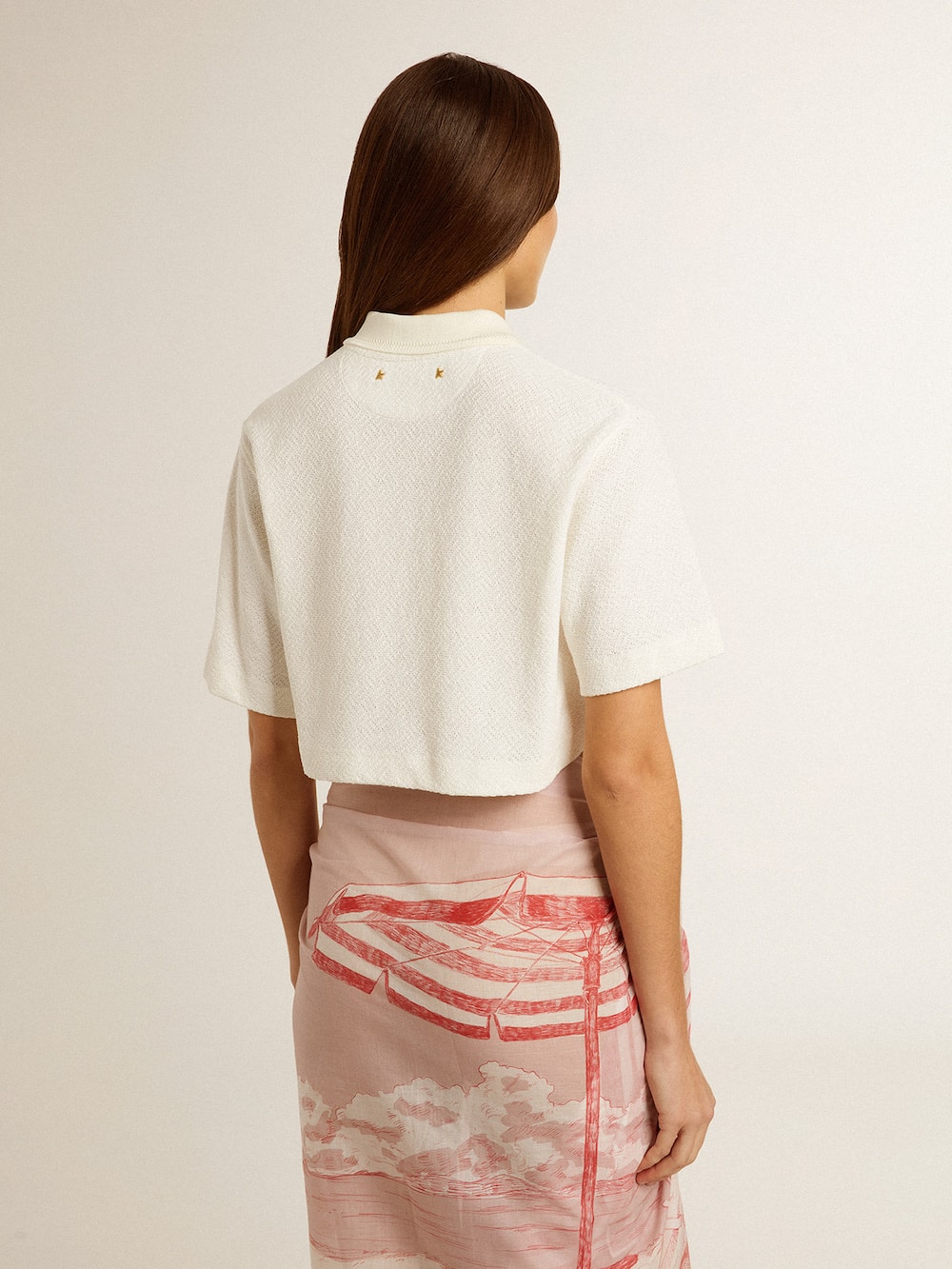 White cotton cropped polo shirt with mother-of-pearl buttons | Golden Goose